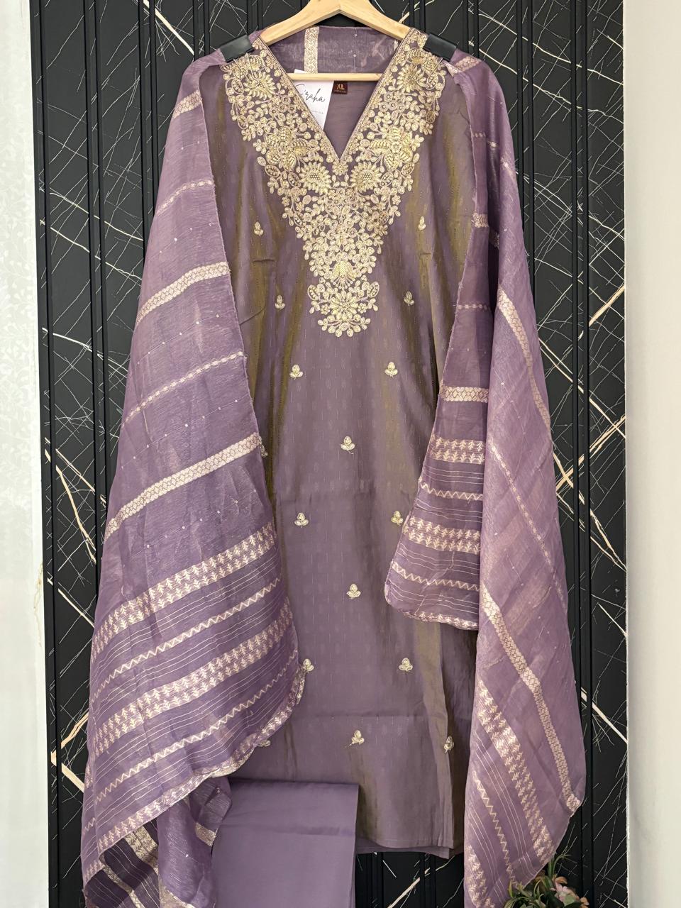 Stitched suit with intricate zari work on the neck – (SS-02) - Sraha